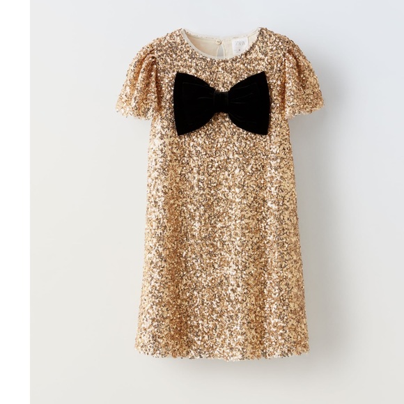 Zara | Dresses | Nwt Zara Girls Kids Gold Sequin Sequined Dress With Black Velvet Bow Size 1 12 ...
